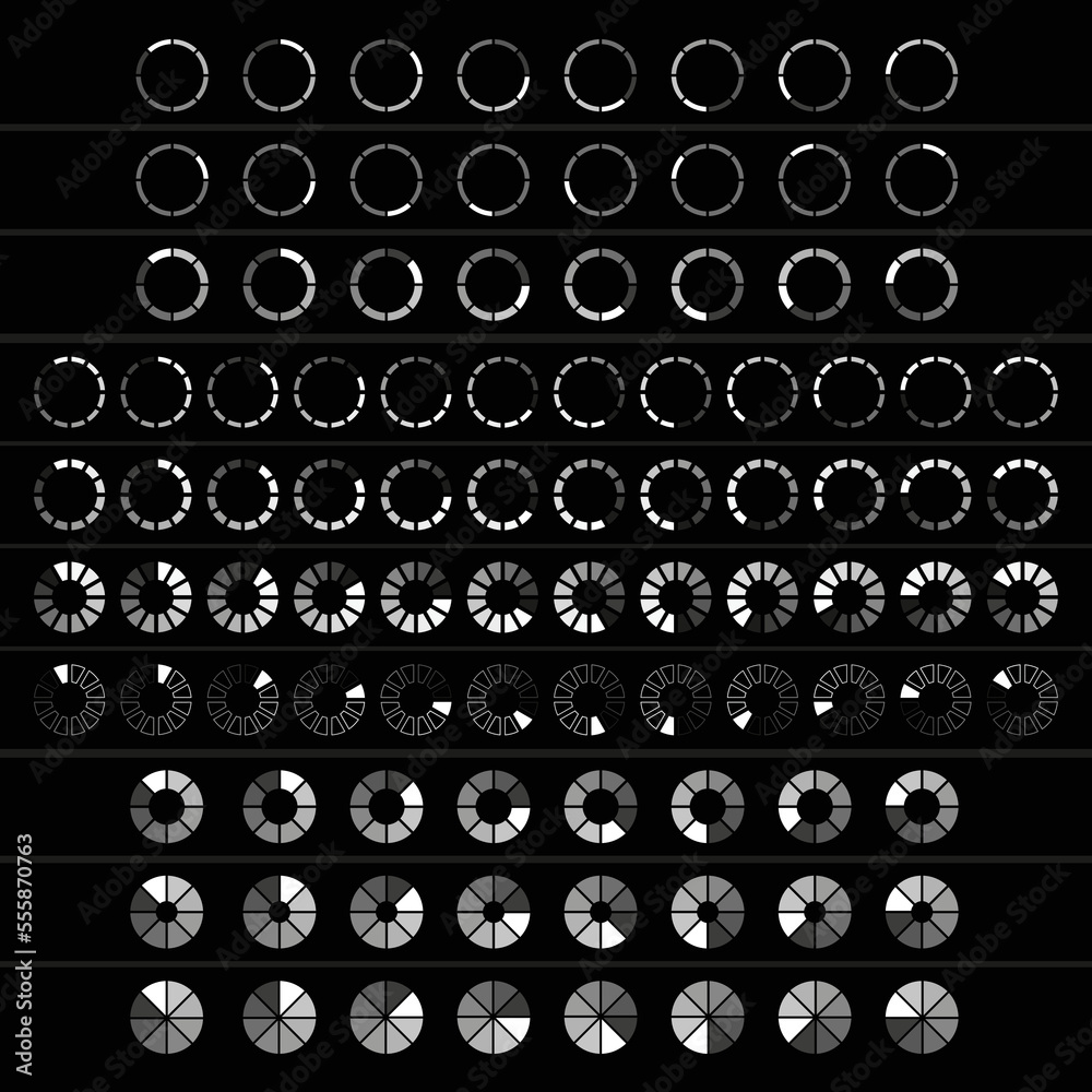 10 white and grey loading icons animation frames on black background ...