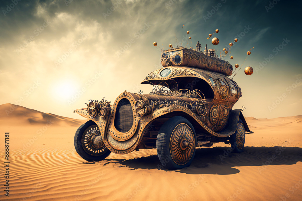 crazy steampunk car with ornaments, vintage car in the desert, fantasy ...