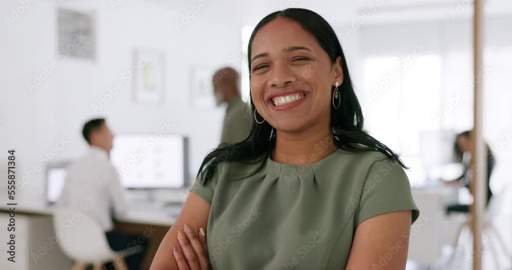 Face, woman or happy employee with goals, pride and vision for success ...