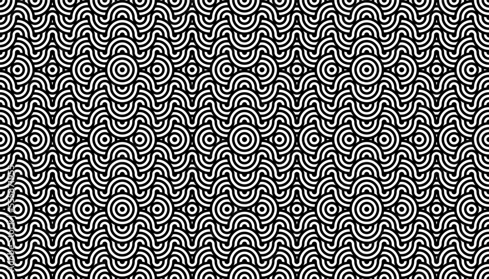 Abstract halftone pattern formed by black and white circles of ...