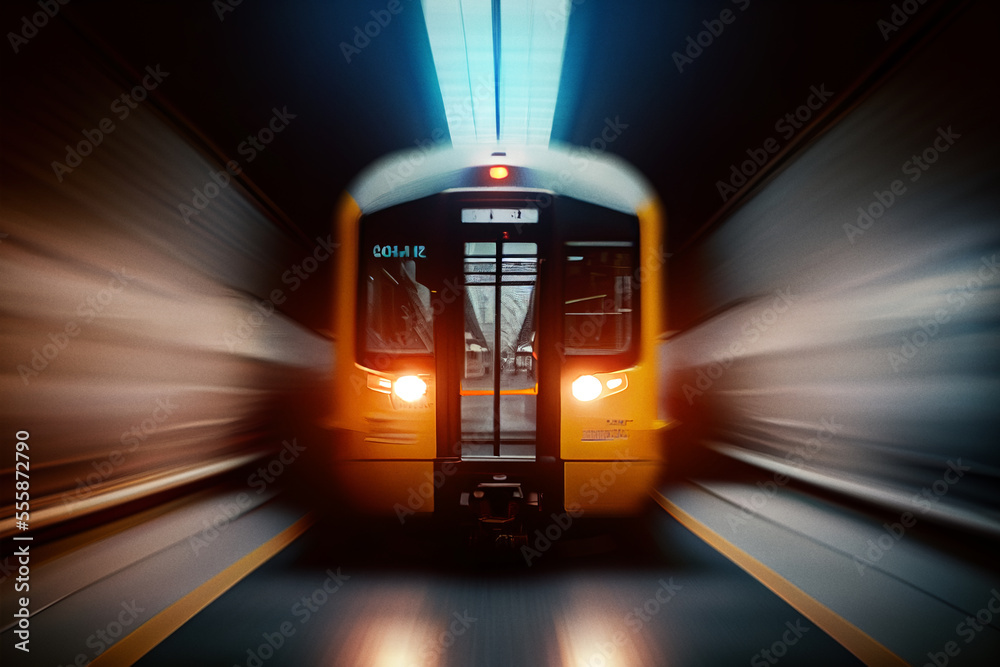 Dynamic metro train in tunnel with motion blur and headlights ...