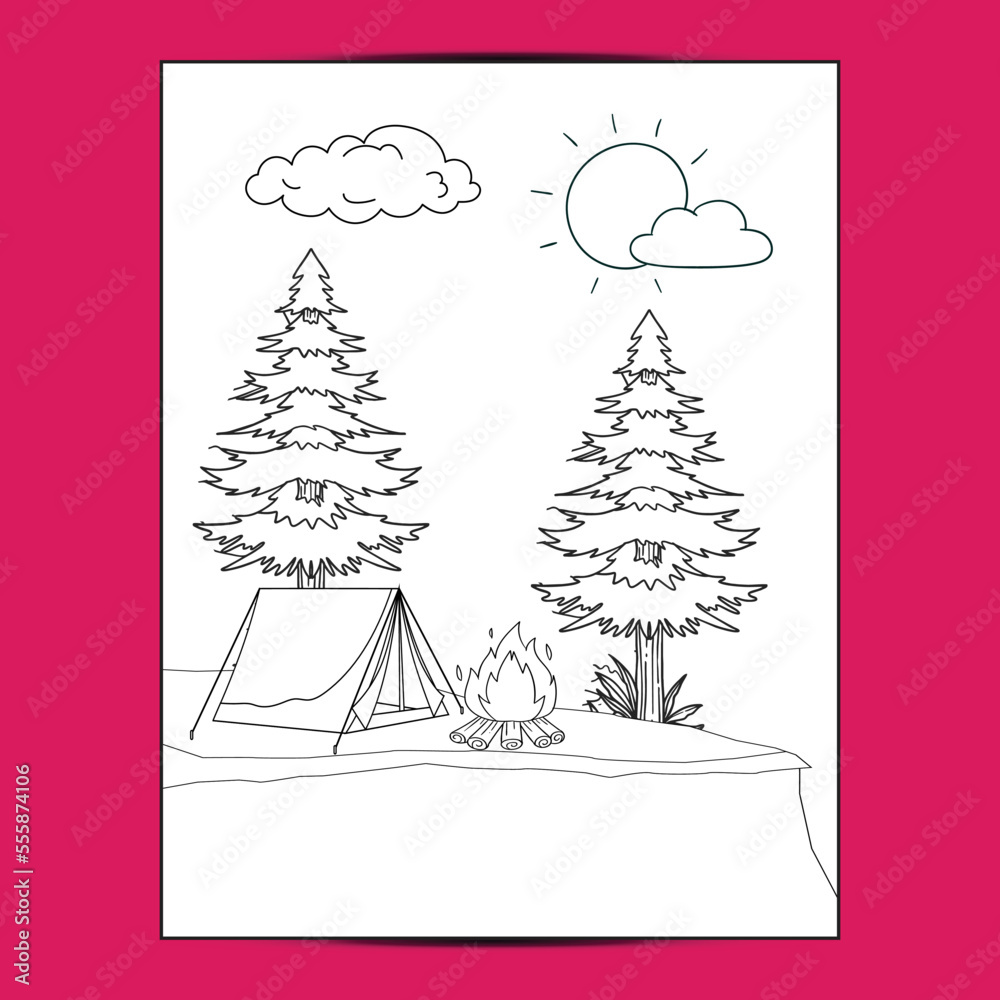 Outdoor camping coloring pages for kids Stock Vector | Adobe Stock
