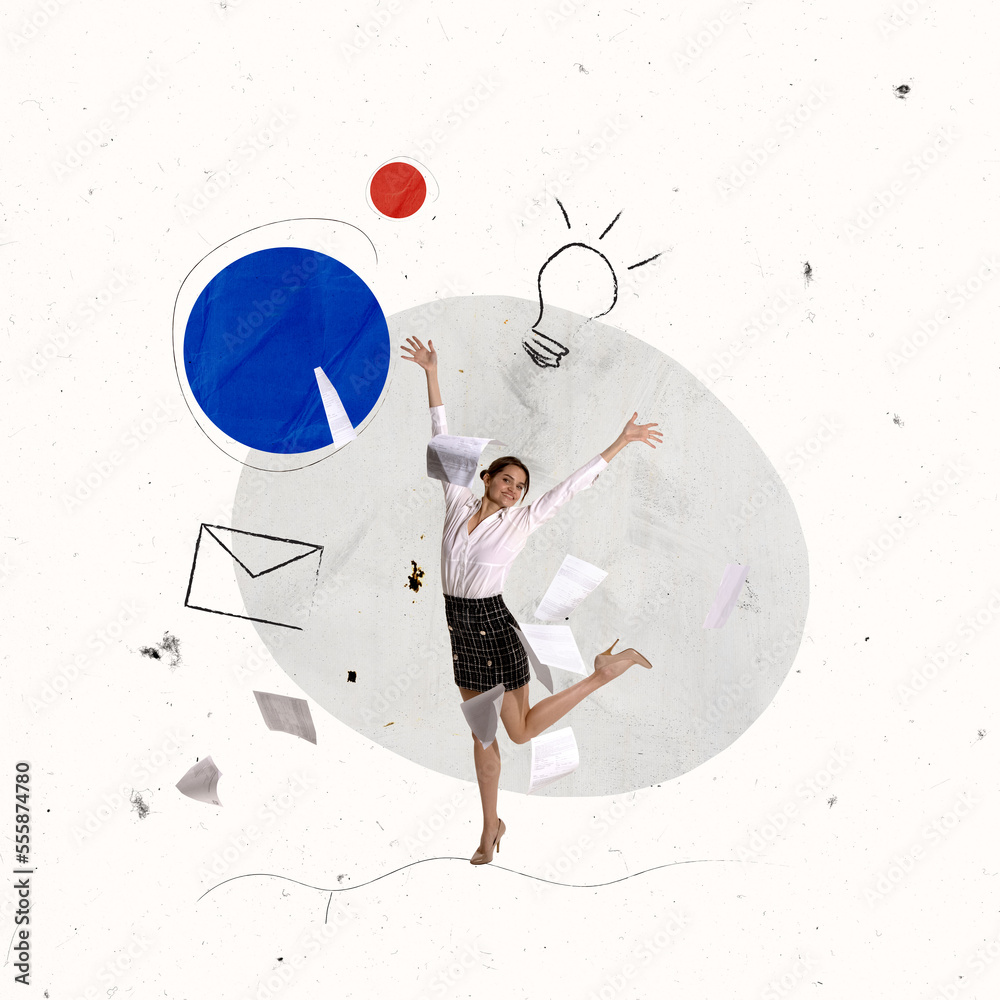 Contemporary art collage. Conceptual design. Happy woman, employee ...