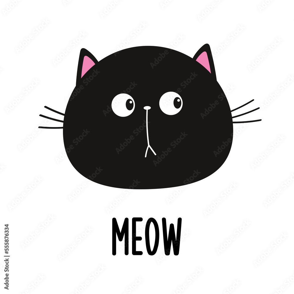 Cute cat face head. Meow text. Cartoon funny character. Kawaii sad ...