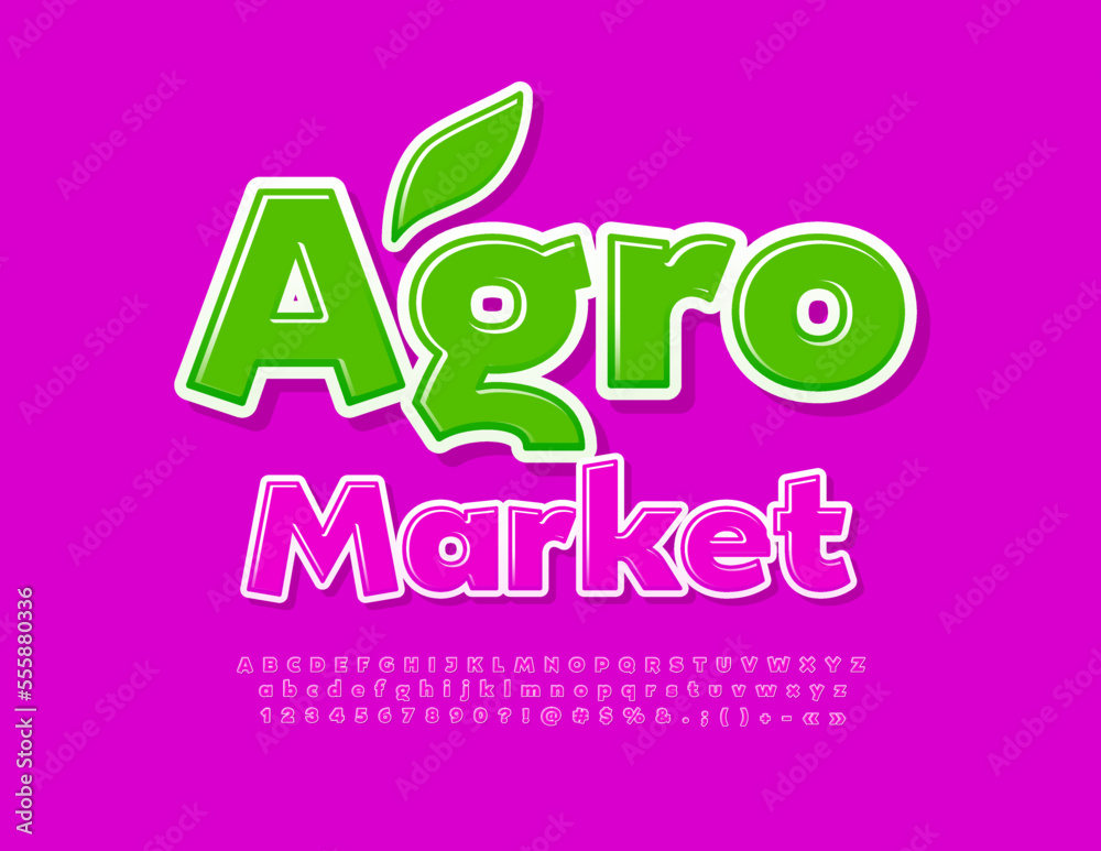 Vector advertising Poster Agro Market. Violet glossy Font. Artistic set ...