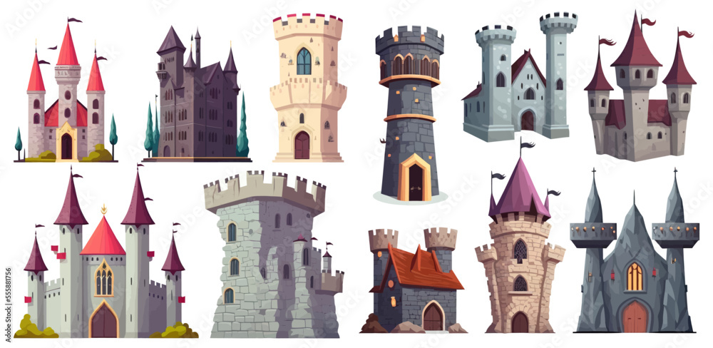 Medieval castle flat vector illustration. Cartoon fairytale fortress. Old ancient gothic tower ...