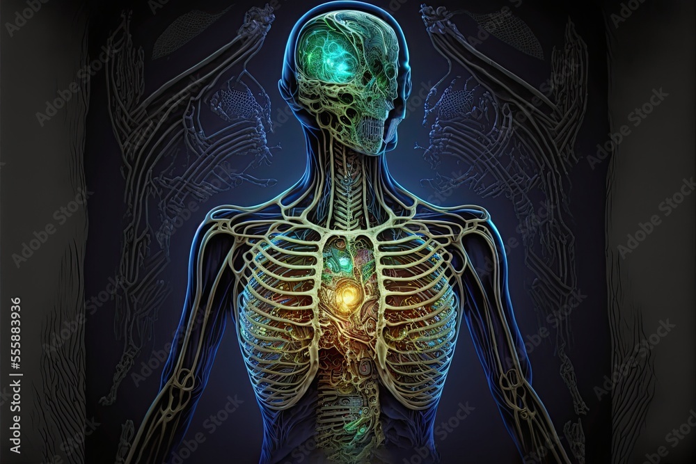 Sci-fi skeleton of an alien autopsy with a glowing heart in his chest ...