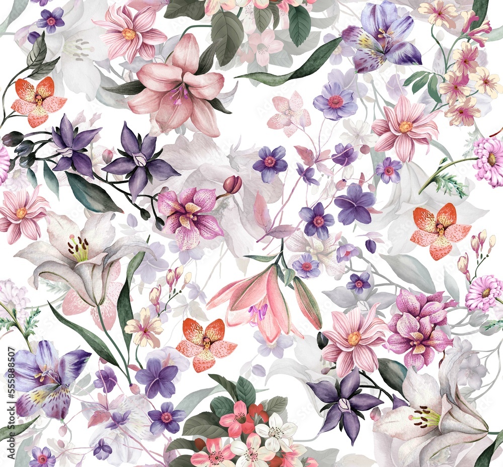 Seamless floral pattern - flower elements and leaves. Abstract romantic ...