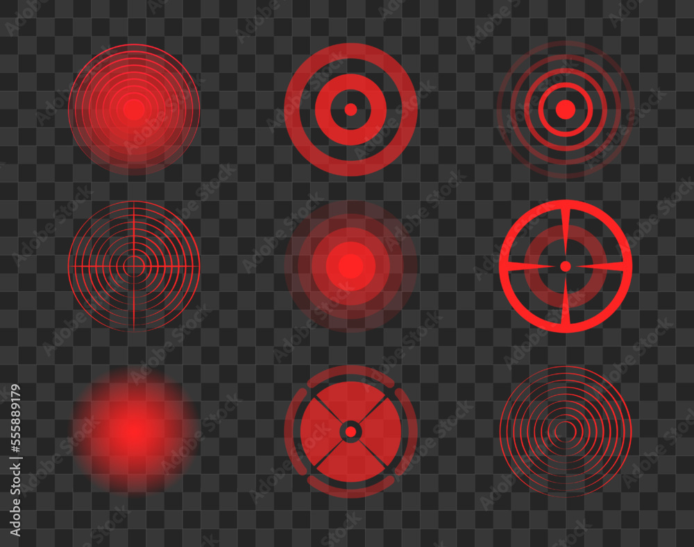 Red circles of pain isolated on transparent background. Designation of ...