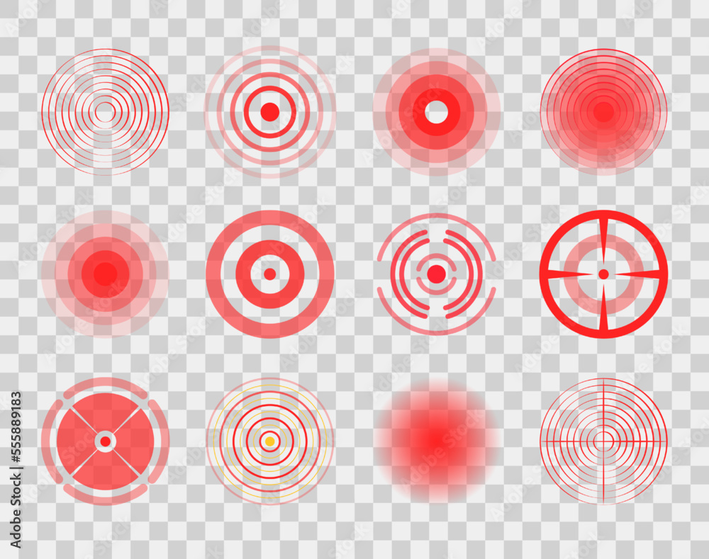 Red circles of pain isolated on transparent background. Designation of ...