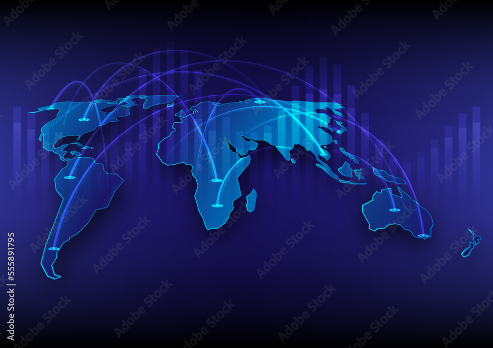 Abstract technology perspective map Glowing blue, with curved lines and ...