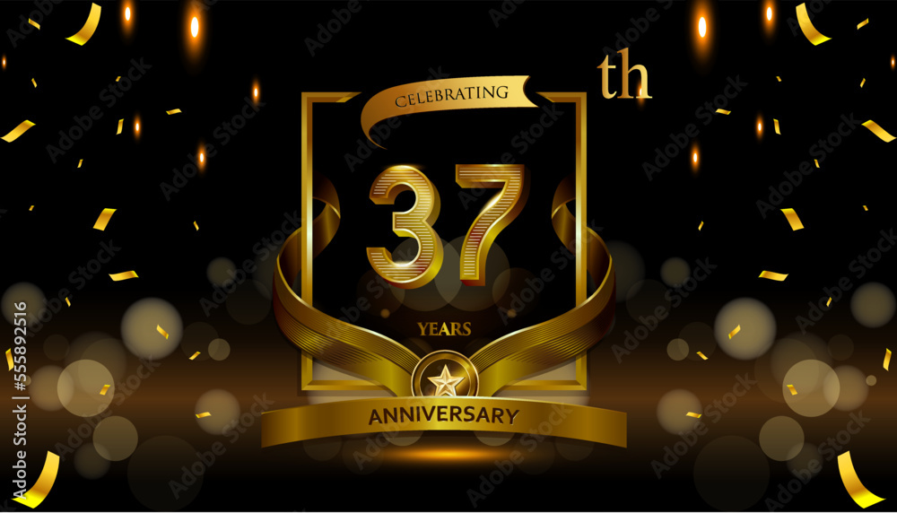 37th golden anniversary logo with gold ring and golden ribbon, vector ...