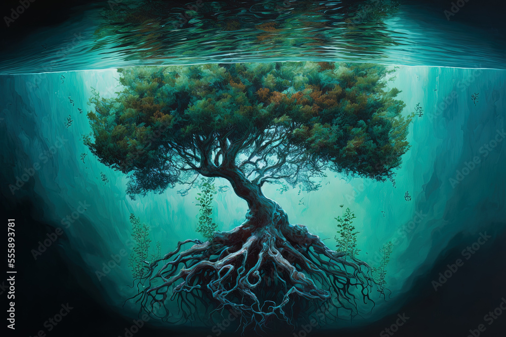 An aquarium painting of a tree immersed in water that is appropriate ...