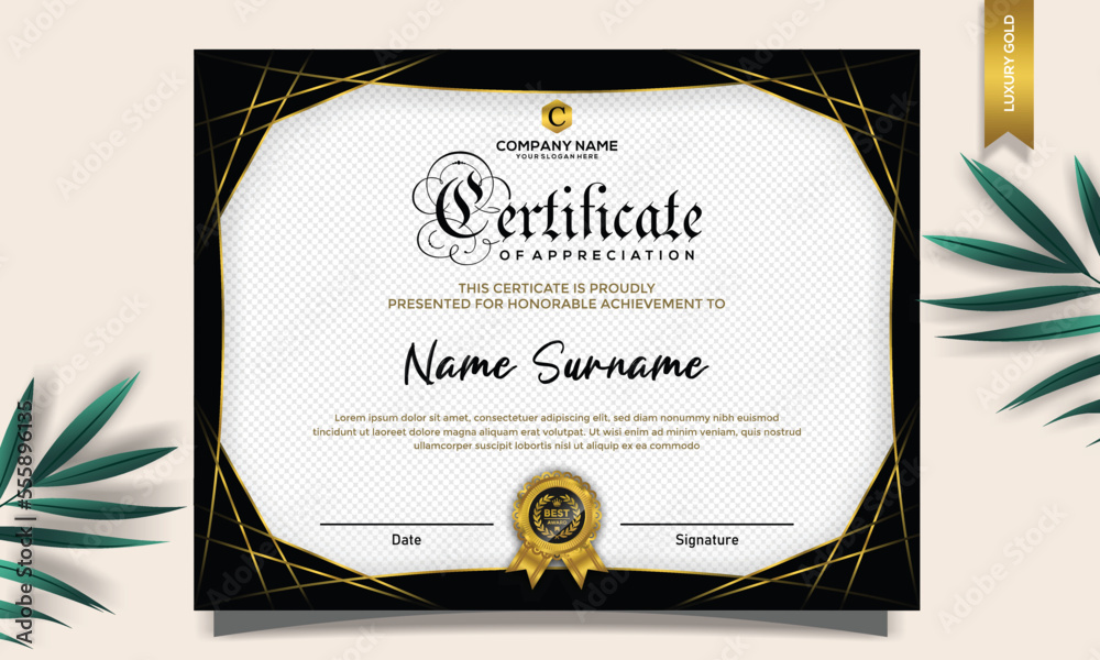 Certificate of appreciation template, gold and black,white color. Clean ...