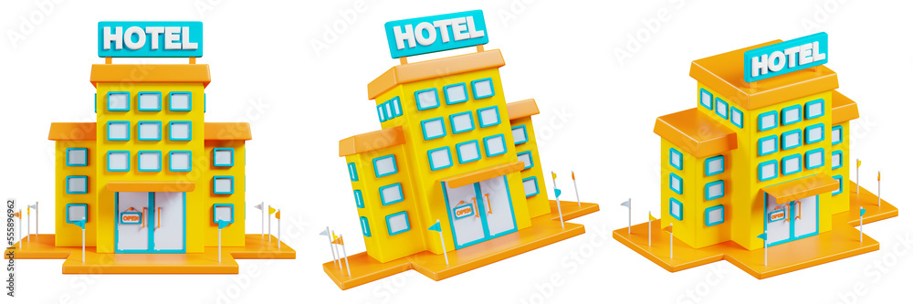 Hotel 3D icon set multiple views, Multiple angles of Hotel 3D element ...