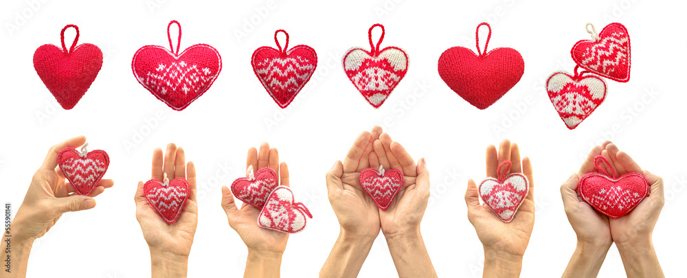 Red knitted heart in hands. Showing Heart with hands. St. Valentine's ...
