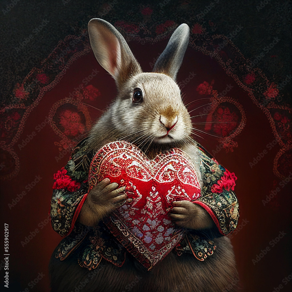 Portrait with Rabbit Dressed Up in Traditional Russian Dress with Heart ...