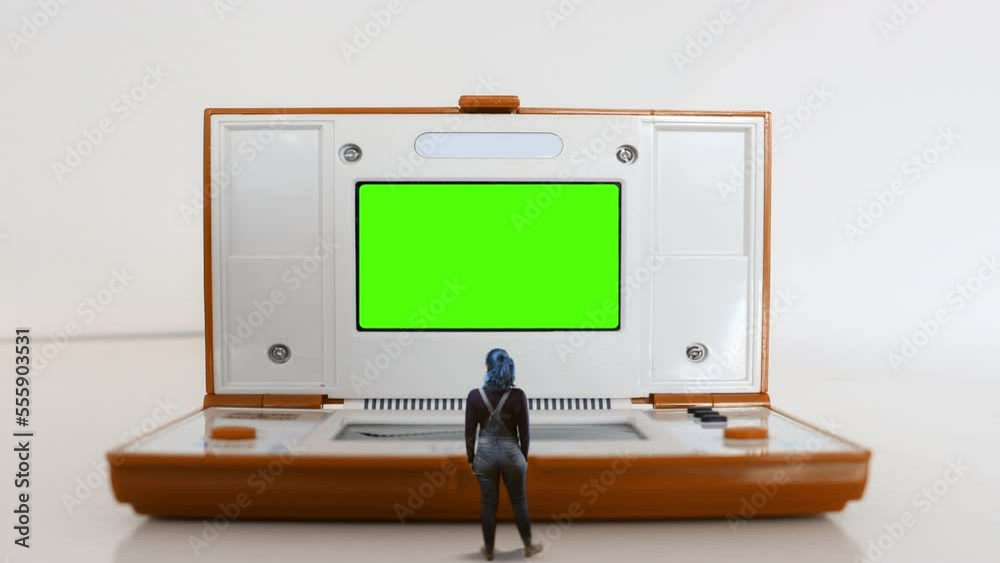 Retro Video Game Girl Standing Old Console Green Screen. Woman standing ...