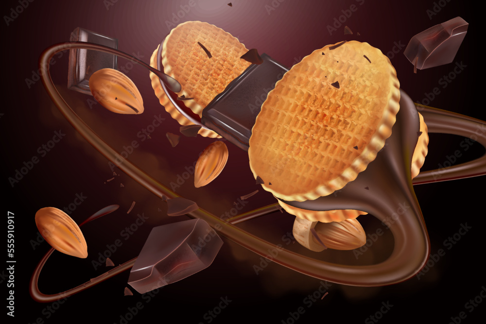 Biscuits chocolate flying in the middle isolated on white background ...