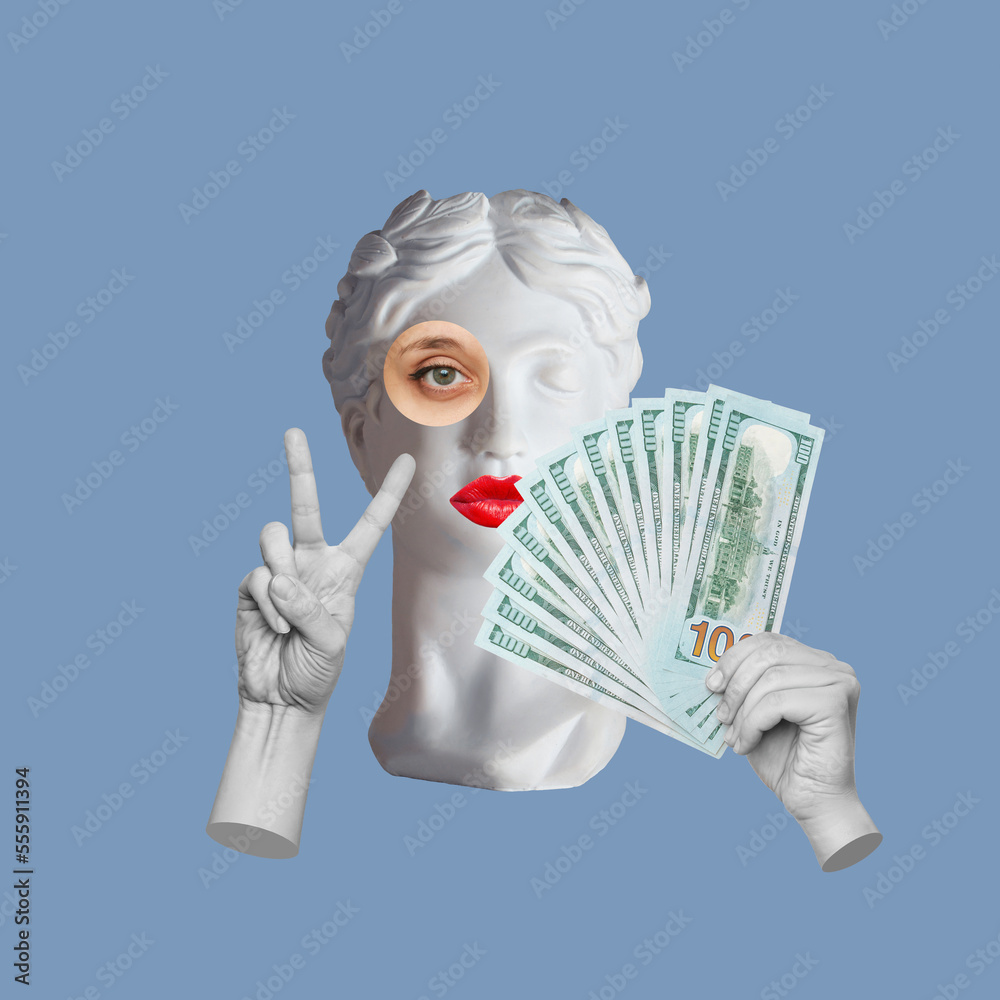 Antique female statue's head shows a peace gesture holding a wad of ...