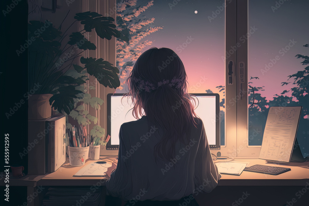 Beautiful young woman working at her desk at night. Very chill and cozy ...
