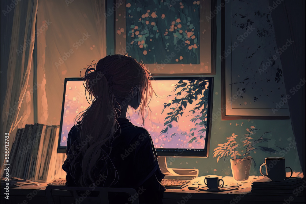 Beautiful young woman working at her desk at night. Very chill and cozy ...