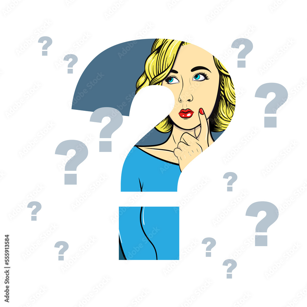 Thoughtful woman in a question mark. Illustration on transparent ...