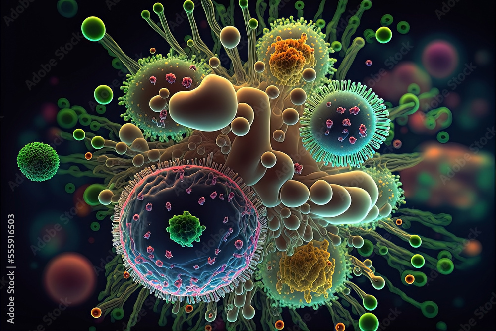 Microscopic bacteria. Science illustration. 3D render of infectious ...