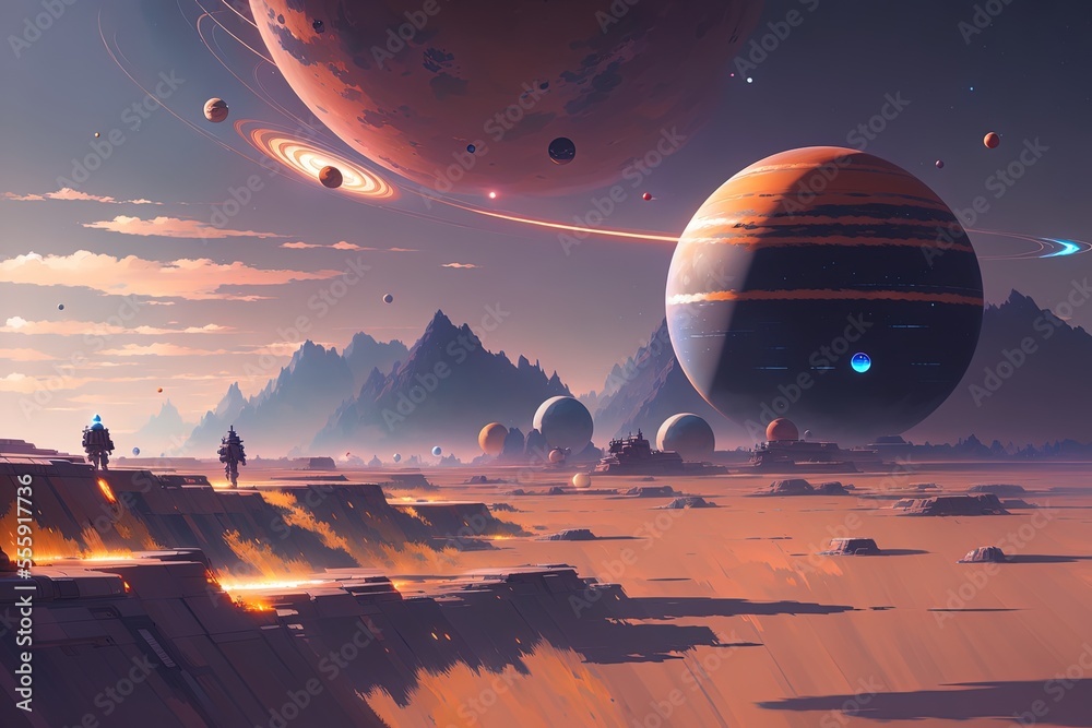 people walking with planets in the sky, concept art Stock Illustration ...