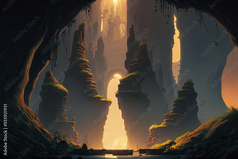 Fantasy drawing of imaginary universe. Old trees, adventure setting ...