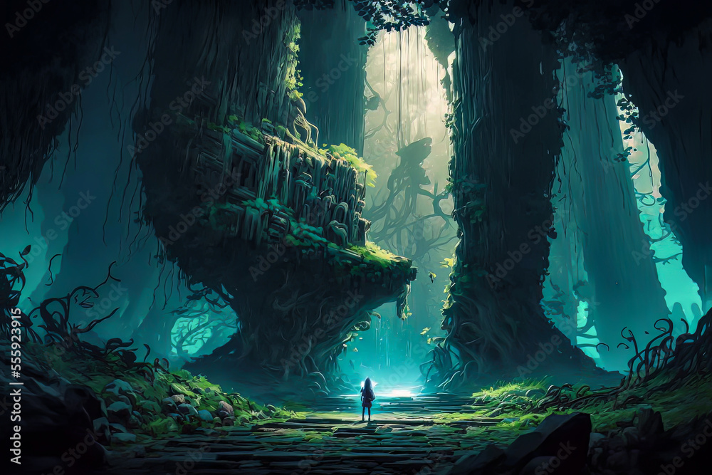 Fantasy old forest. Concept art of magical ancient worlds. Big trees ...
