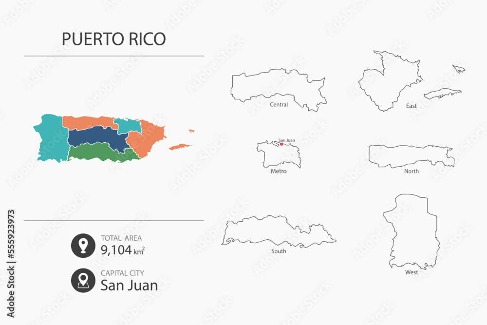 Map of Puerto Rico with detailed country map. Map elements of cities ...
