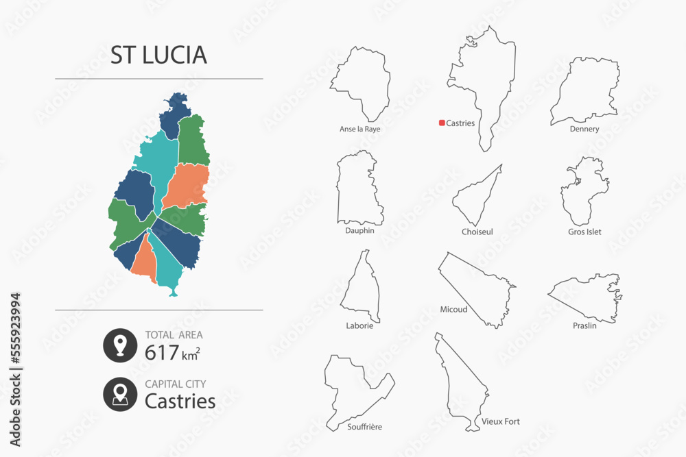 Map of St Lucia with detailed country map. Map elements of cities ...