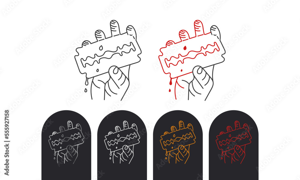 Bloody hand with razor blade. Hand drawn line art design vector ...