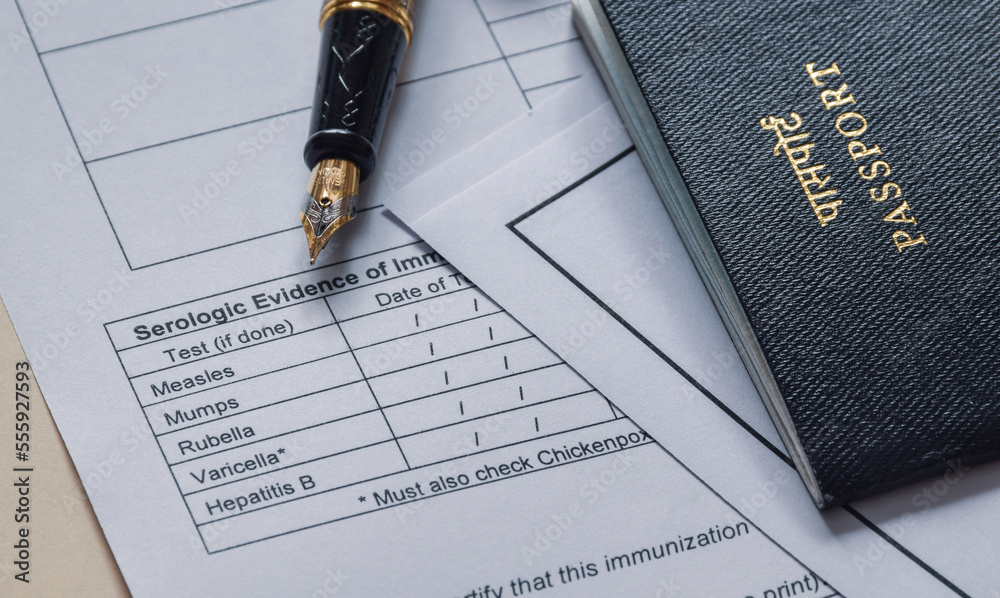 Close-up of Measles Mumps Rubella vaccination certificate and checklist ...