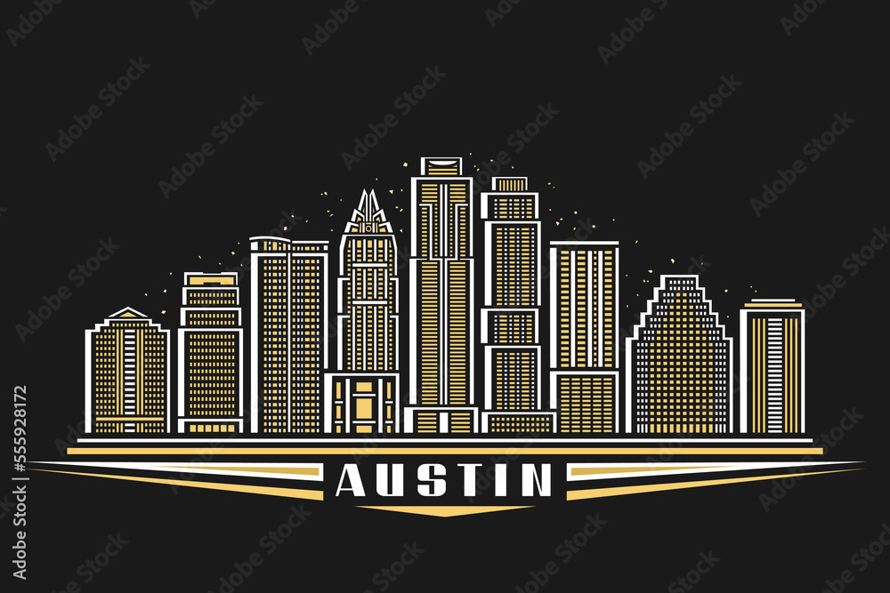 Vector illustration of Austin, dark horizontal poster with linear ...