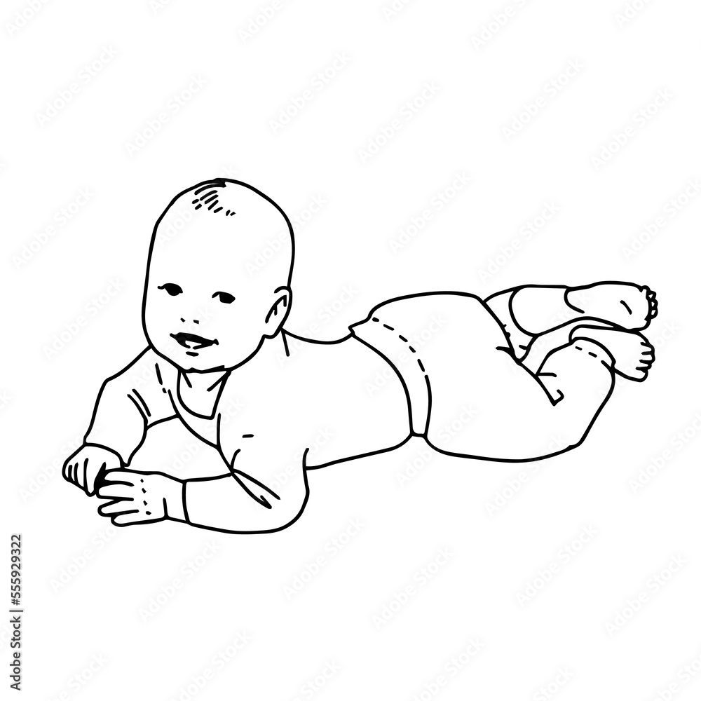 Newborn baby, cheerful little kid smiling, hand drawn vector outline on ...
