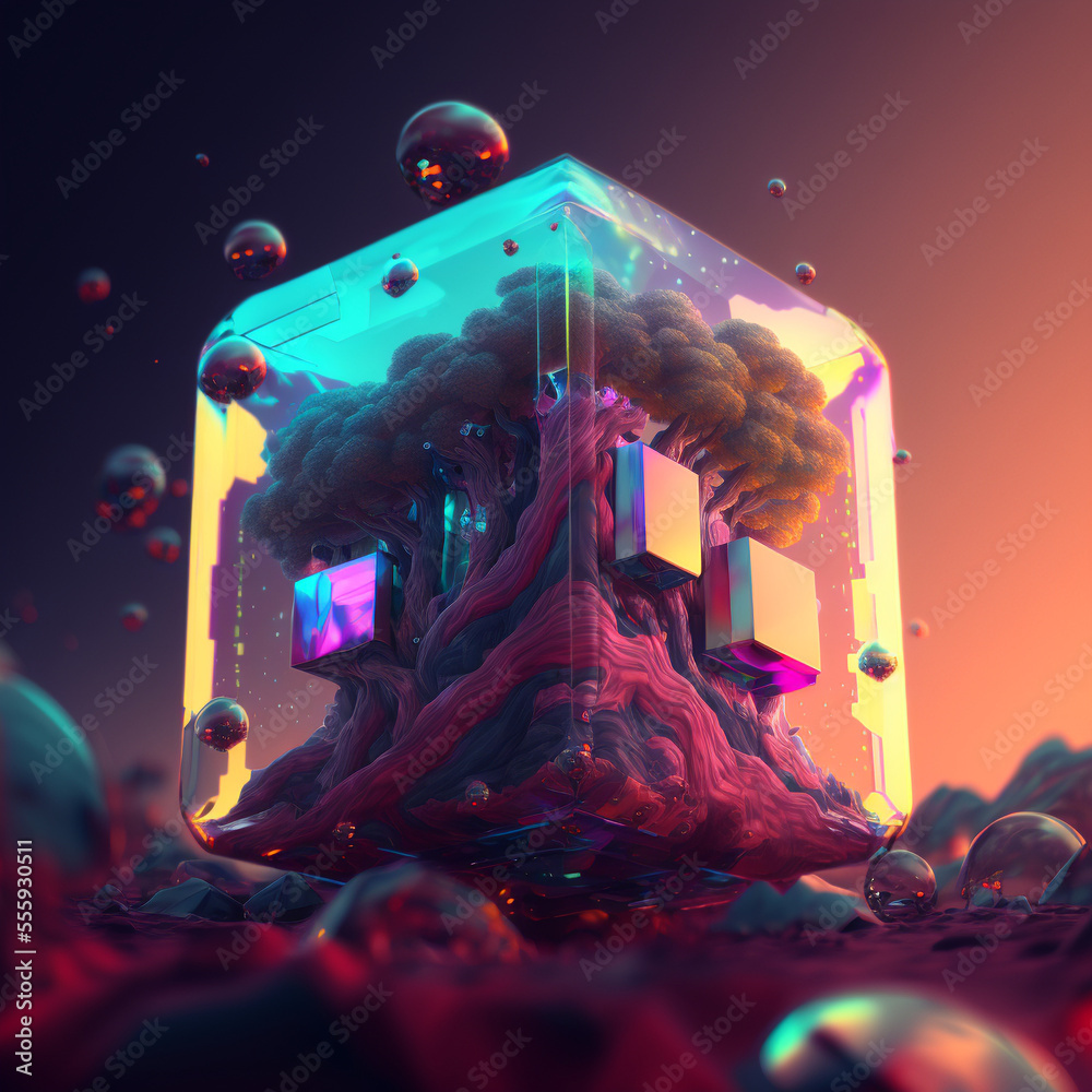 ai generated art of fantasy forest in the crystal cube with liquid ...
