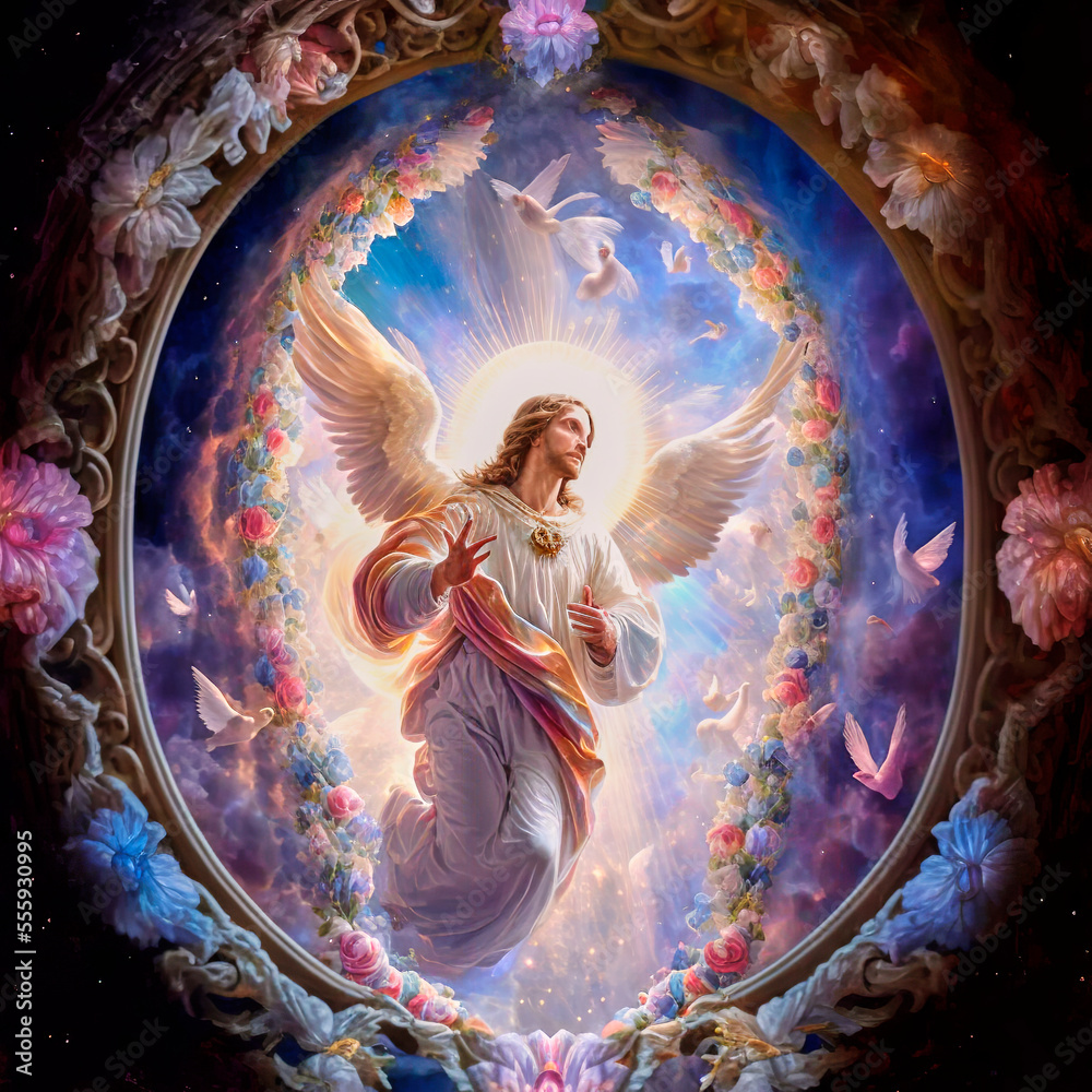 Jesus ascending into heaven at the beautiful gate of songs, birds and ...