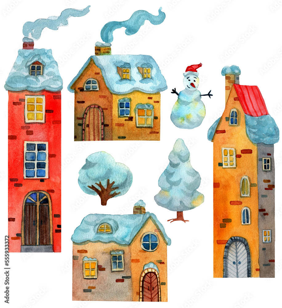 Cute winter medieval house, trees, snowman. Watercolor illustration in ...