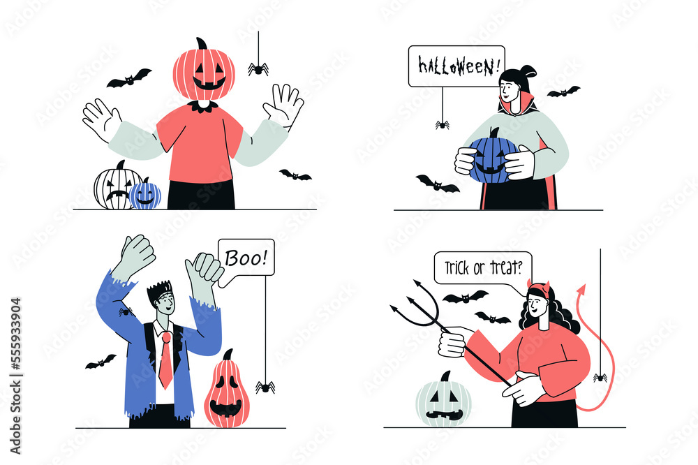 Halloween concept set in flat line design. Men and women in scary ...