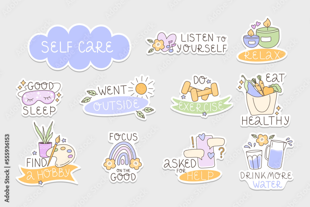 A set of bright stickers on the theme of mental health. Collection for ...