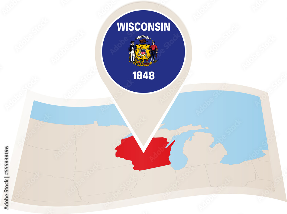 Folded paper map of Wisconsin U.S. State with flag pin of Wisconsin ...