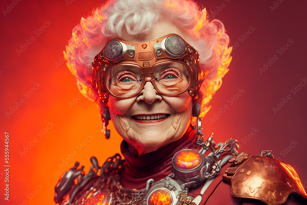 Generative ai illustration sci-fi futuristic old woman humanoid robot ...