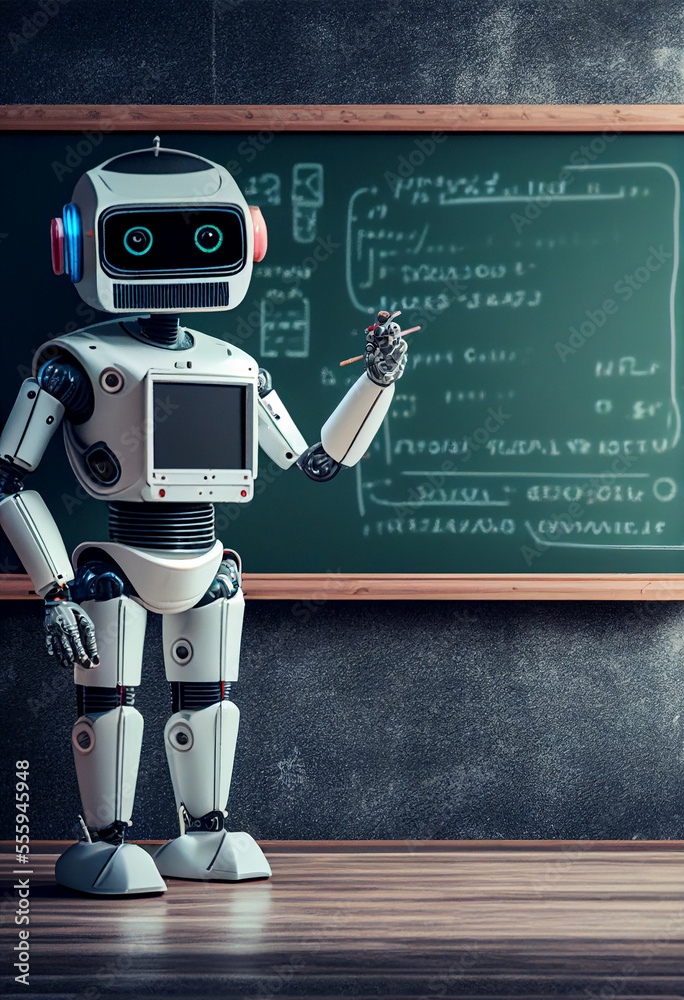 Humanoid Education Robot Teacher In Front Of A School Classroom Chalkboard Teaching Pupils About