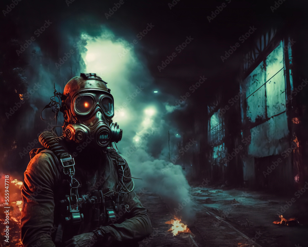 Post Apocalyptic scene Featuring military gas mask wearing apocalypse ...