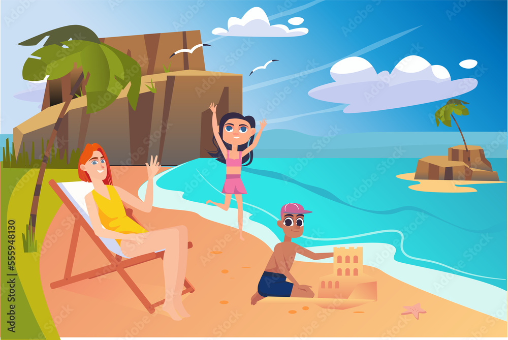 Cartoon Beach Scene With People