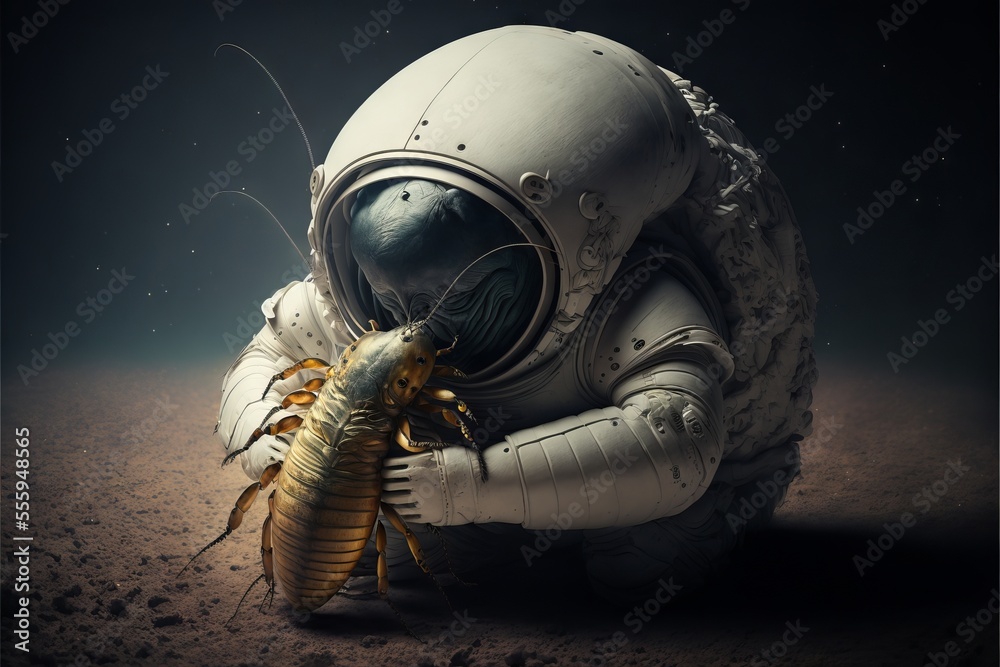 A space astronaut is cuddling and hugging his huge disgusting space ...