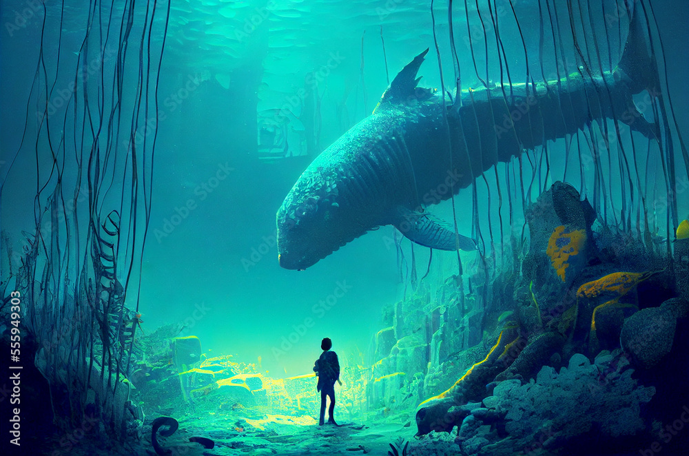 Big fish in the sea with man diving, Giant monster Whale fantasy ...