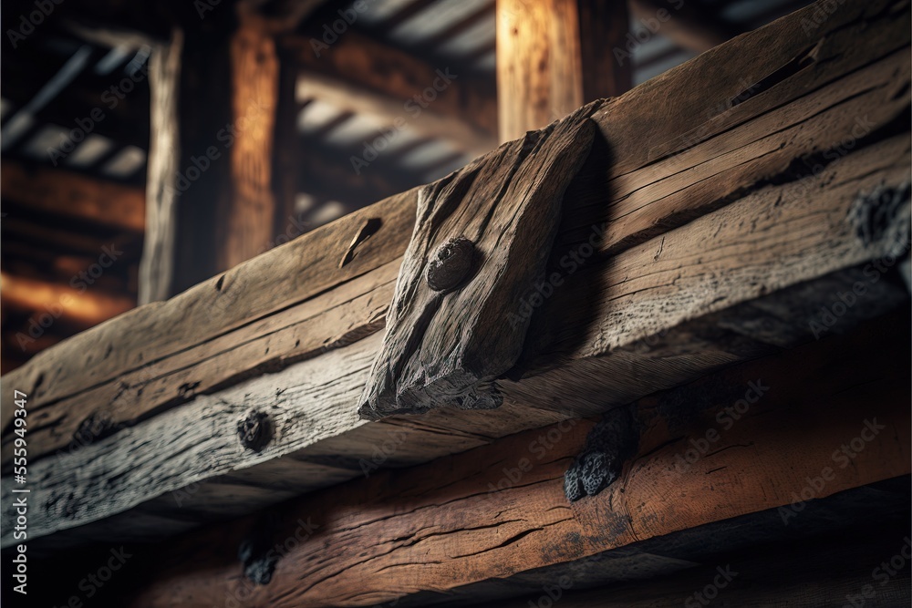 a wooden beam with a wooden roof and beams on it's side and a wooden ...